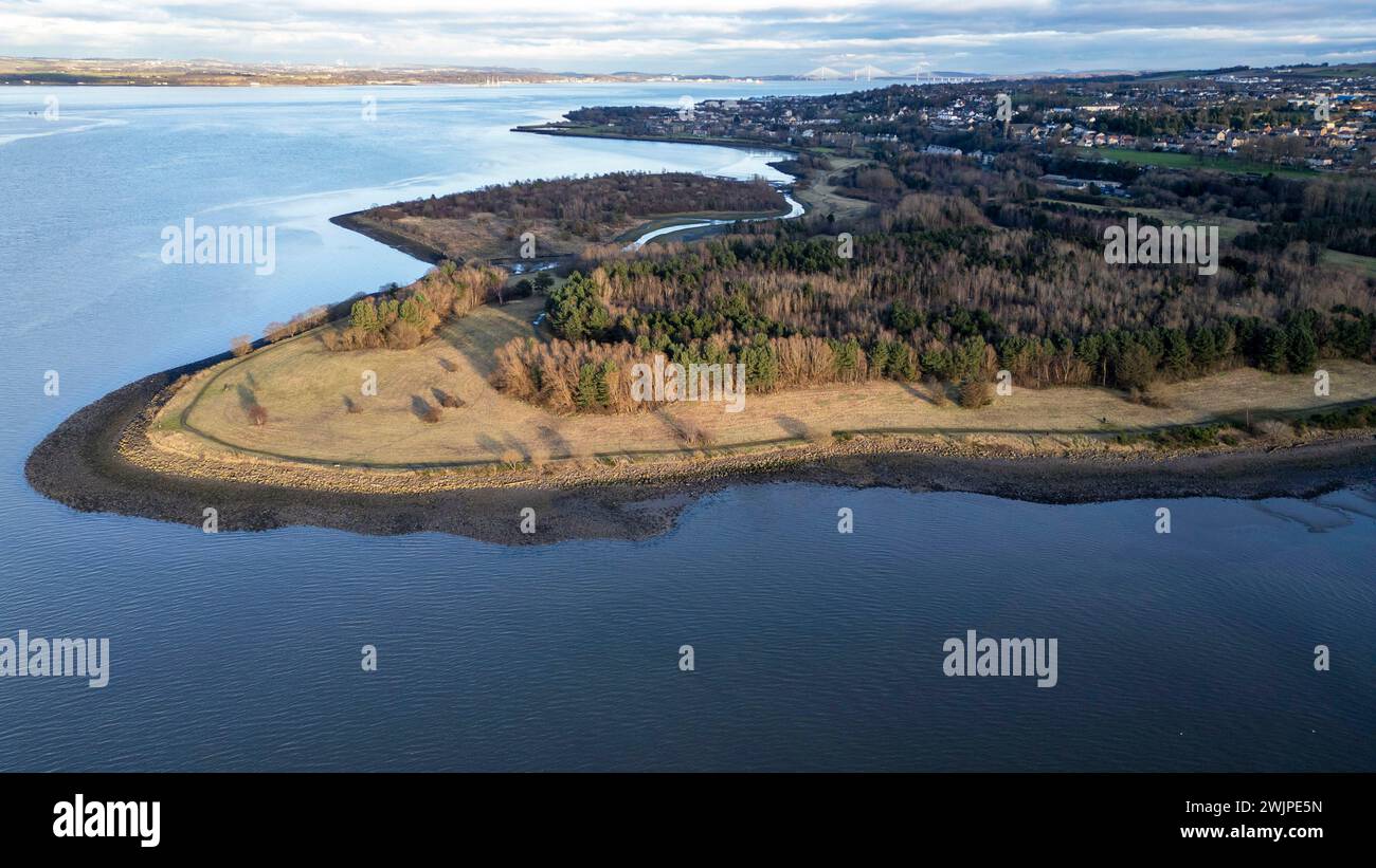 Aerial view of Kinneil Nature Reserve on the banks of the river Forth ...