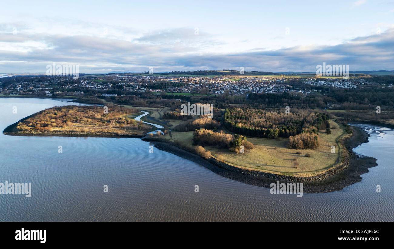 Aerial view of Kinneil Nature Reserve on the banks of the river Forth ...