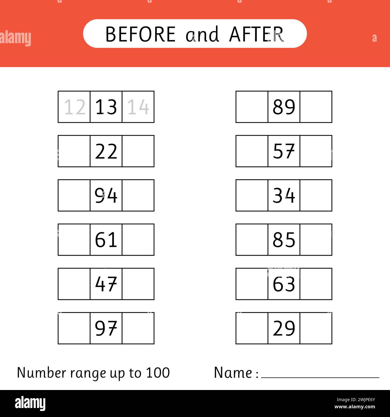 Fill in the missing numbers. Before and after. Number range up to 100 ...