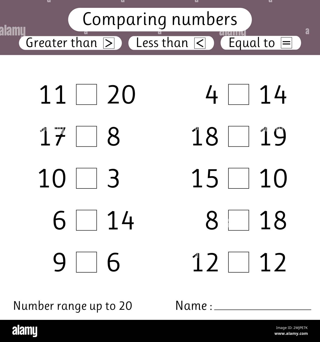 Comparing numbers. Less than, greater than, equal to. Number range up ...