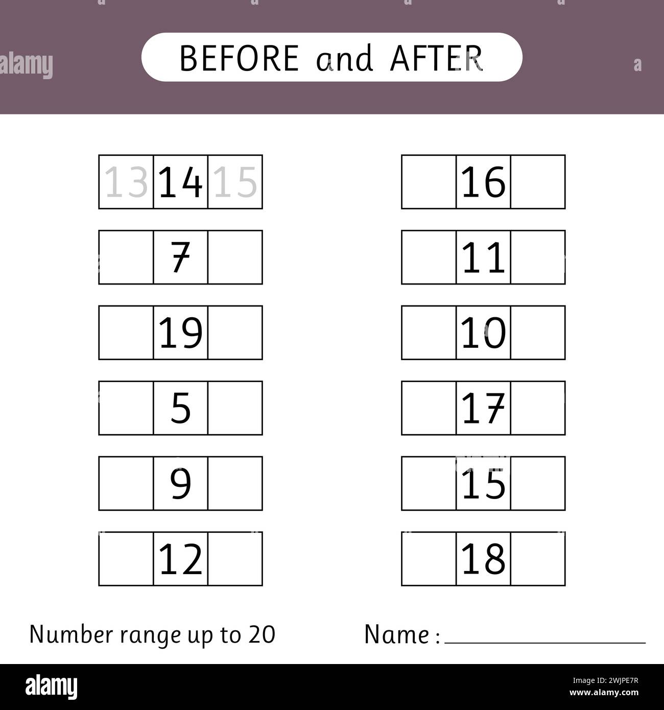 Fill in the missing numbers. Before and after. Number range up to 20 ...