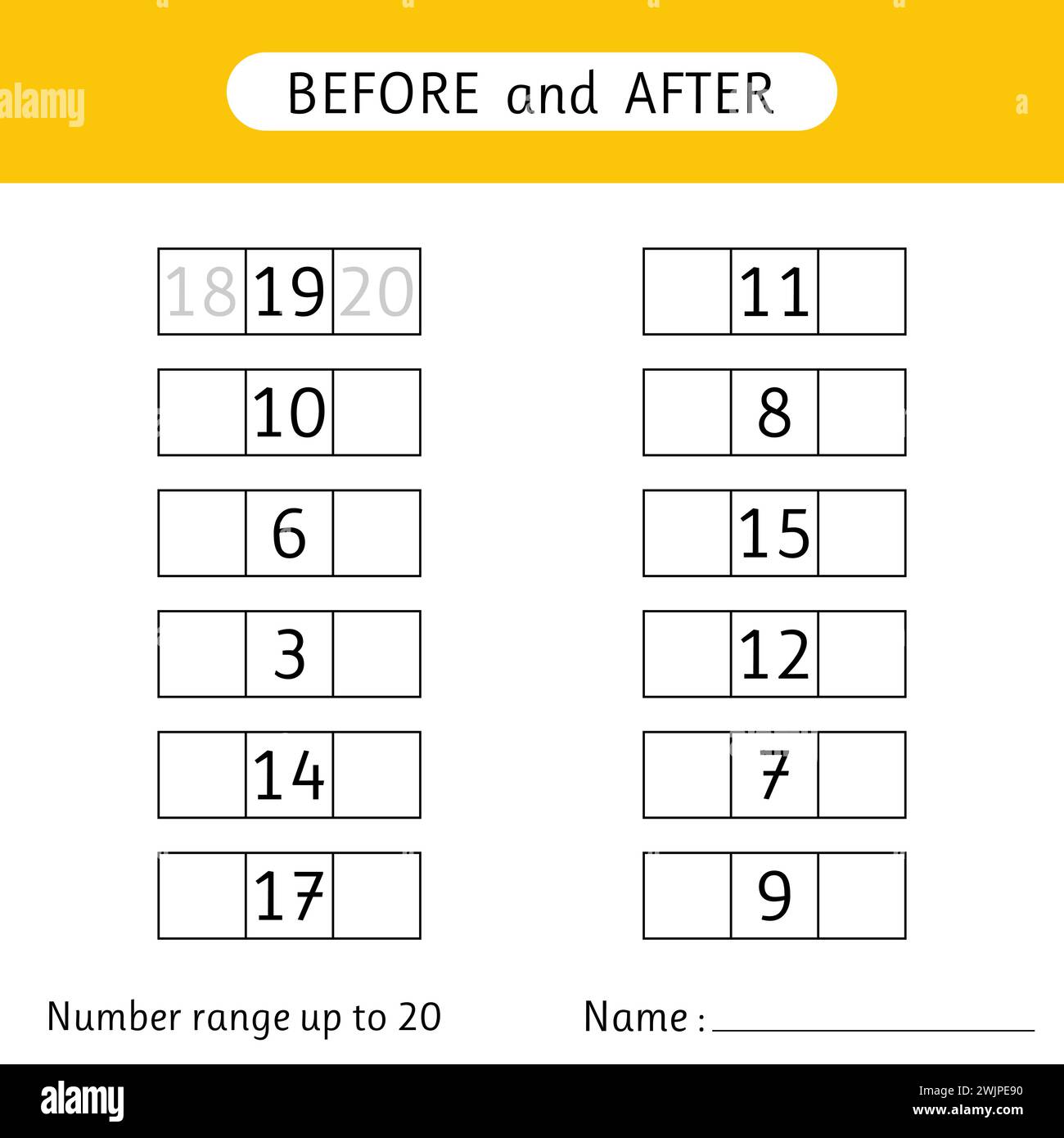 Fill in the missing numbers. Before and after. Number range up to 20 ...