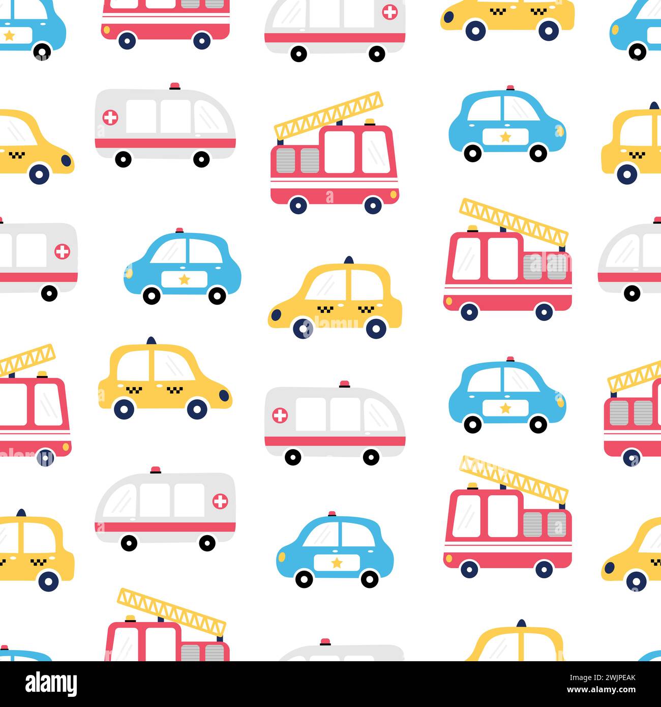 Seamless pattern with cars. Fire truck, ambulance, taxi and police car ...