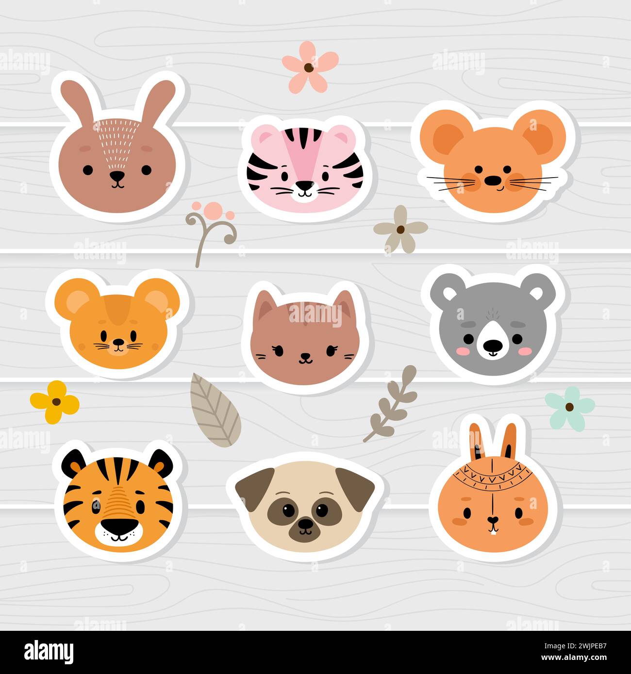Set of cartoon stickers with animals for kids. Cute hand drawn ...