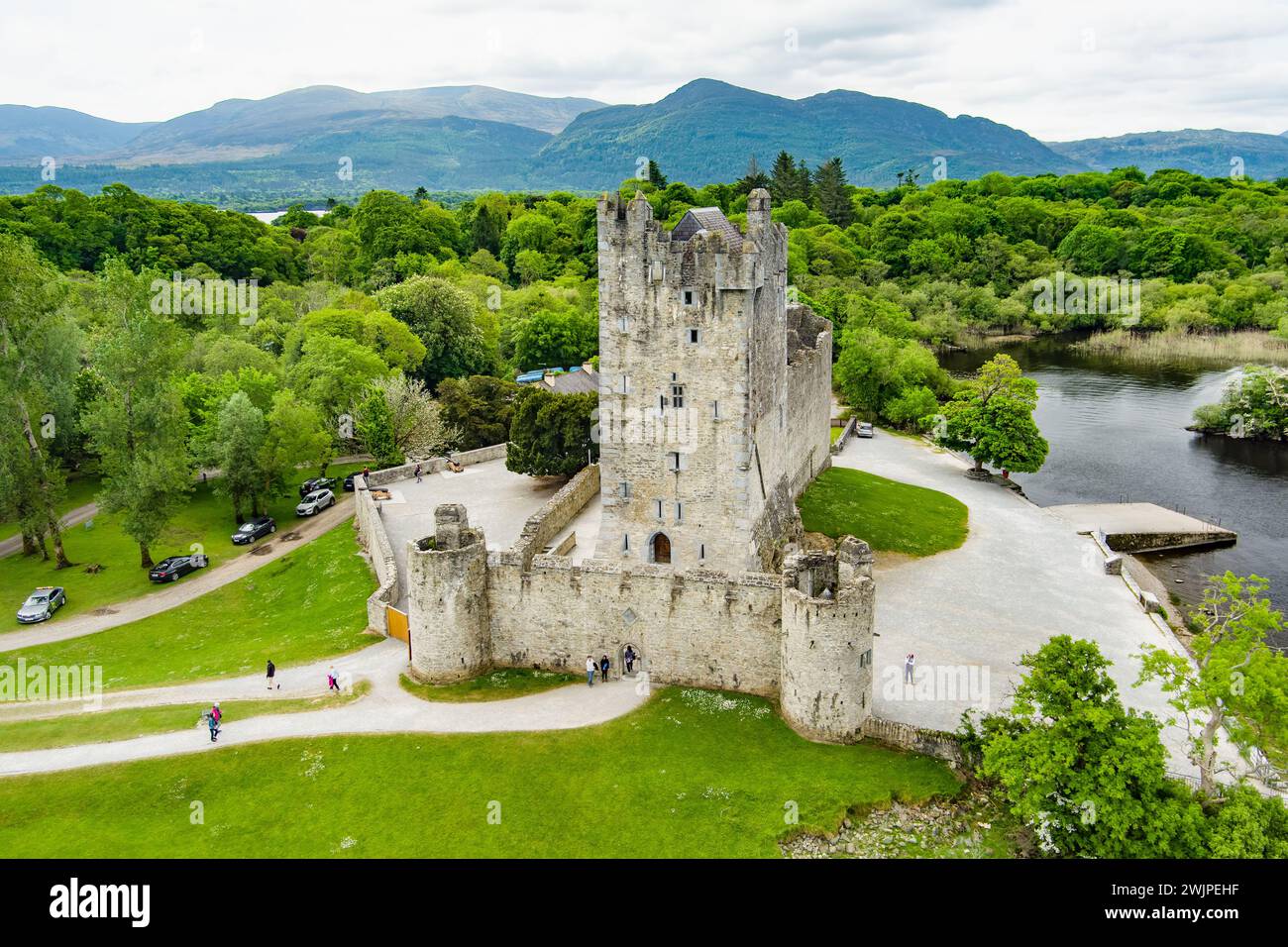 Aerial view of Ross Castle, 15th-century tower house and keep on the ...
