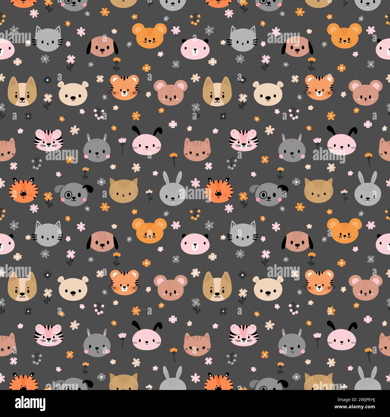 Childish seamless pattern with cute smiley animal faces. Creative baby ...