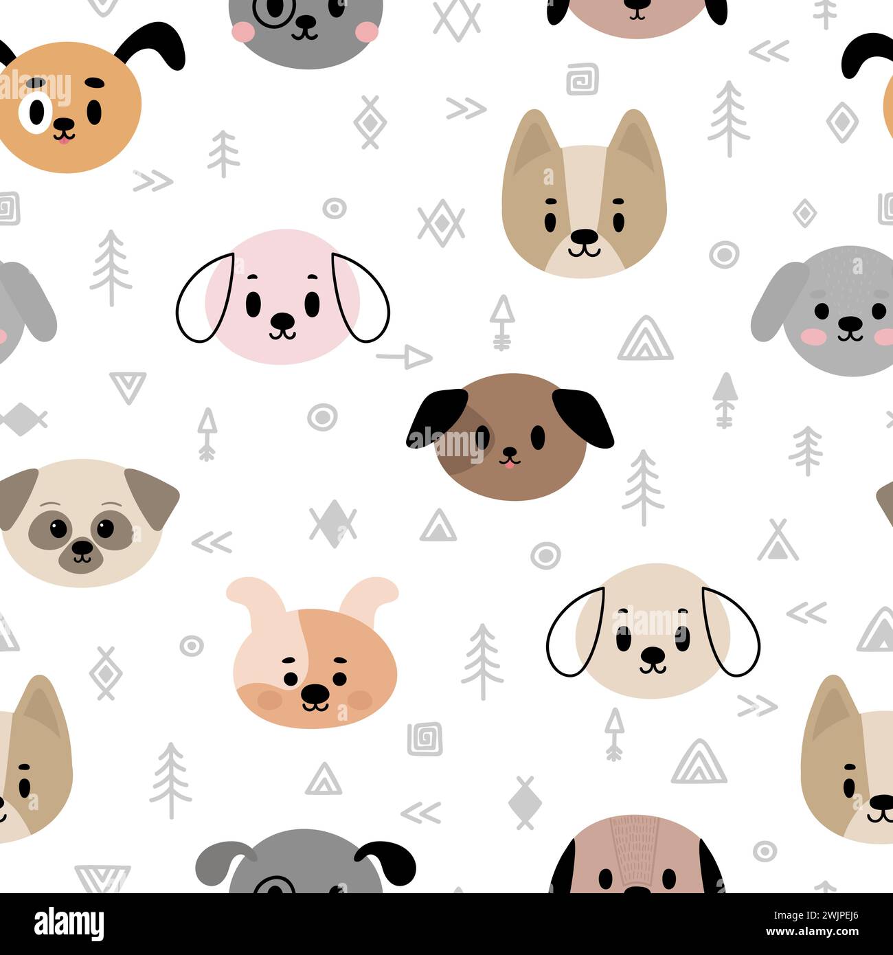 Tribal seamless pattern with cartoon dogs. Abstract geometric art print ...