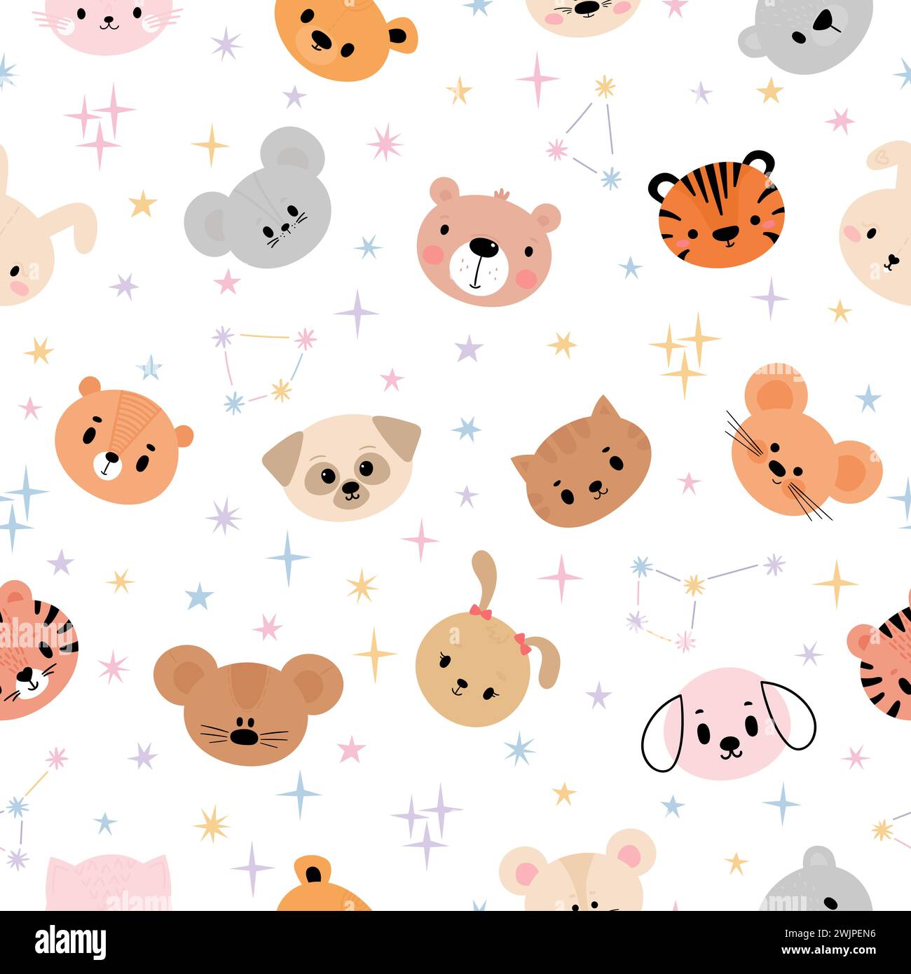 Childish seamless pattern with cute smiley animal faces. Space ...