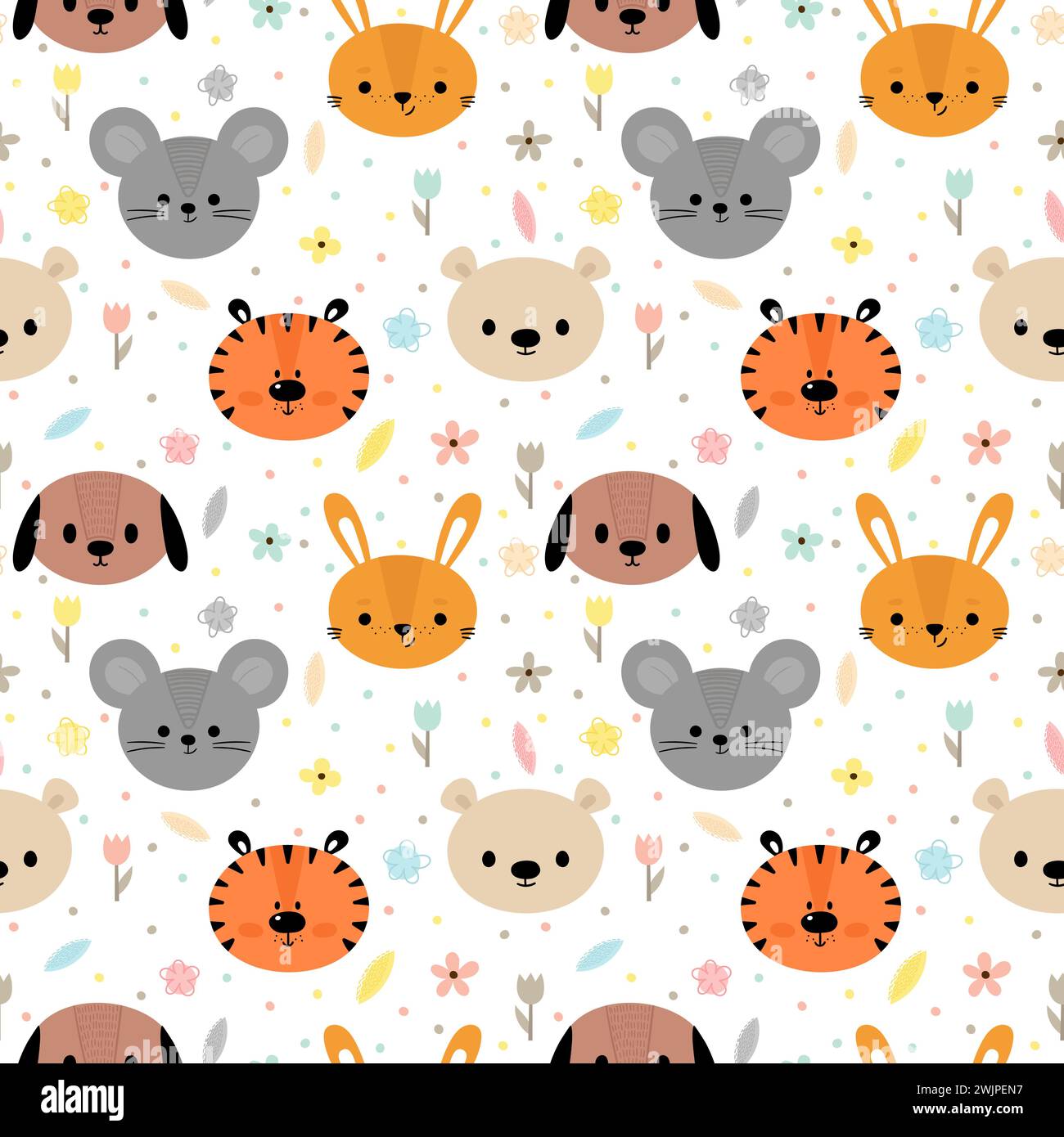 Childish seamless pattern with cute smiley animals. Creative baby ...