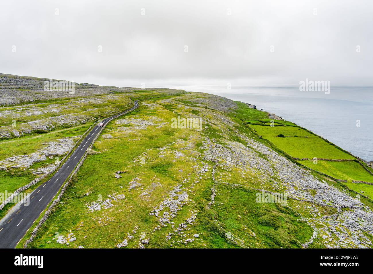 Spectacular misty aerial landscape in the Burren region of County Clare ...