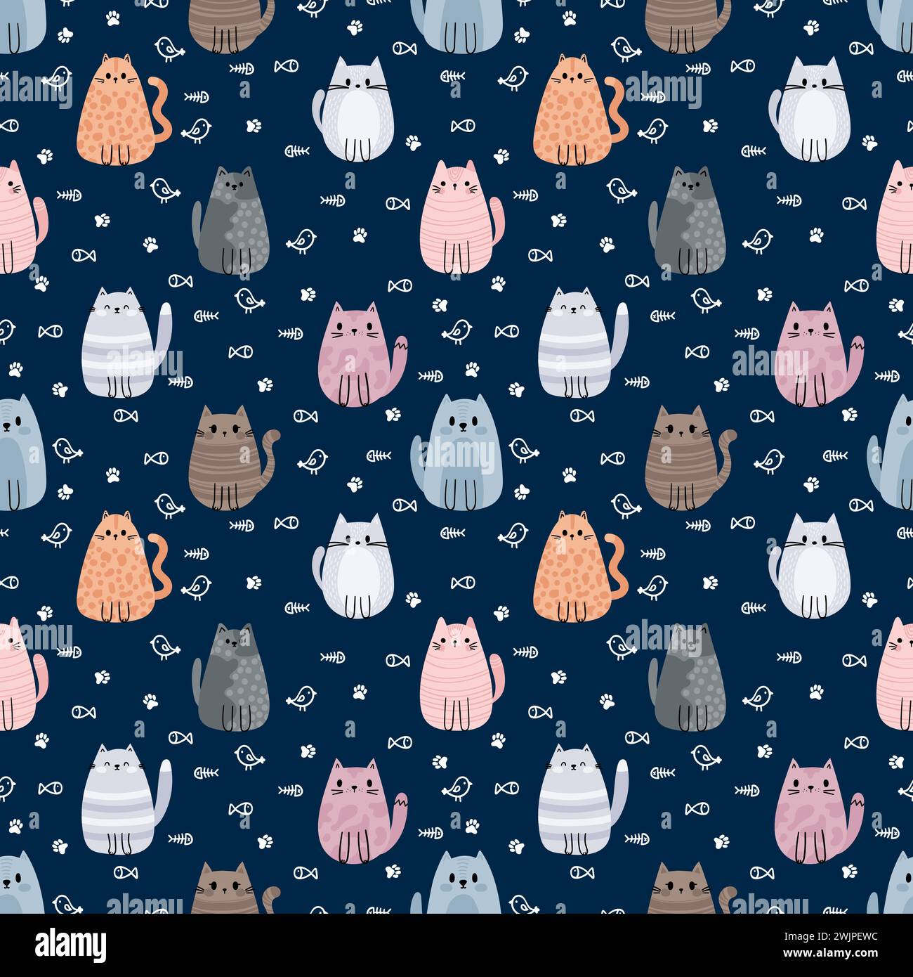 Seamless pattern with cute cats and kittens on dark background. Doodle ...