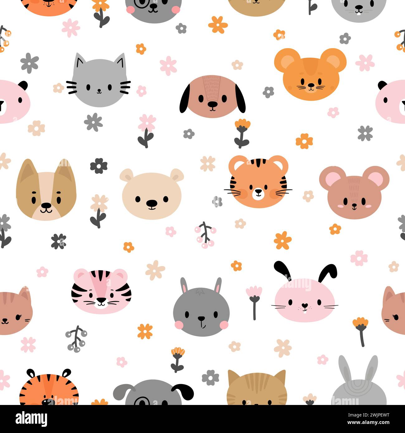 Seamless childish pattern with cute smiley animal faces. Creative baby ...