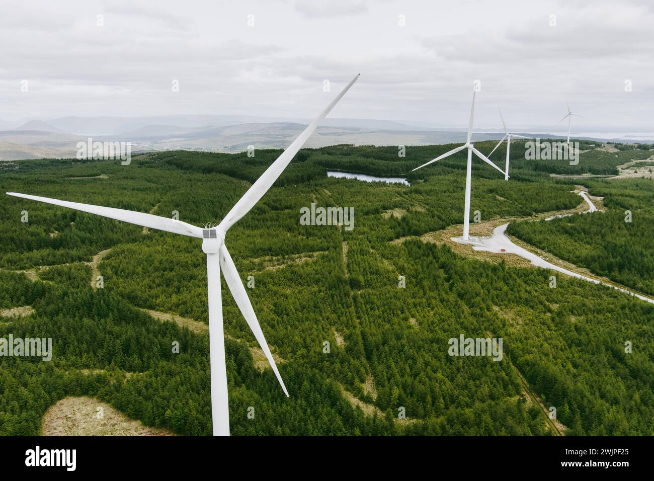 Connemara aerial landscape with wind turbines of Galway Wind Park ...