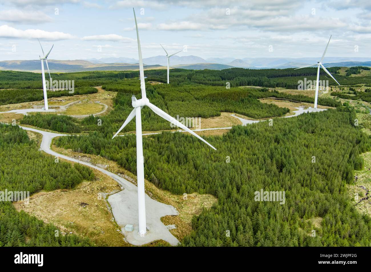 Connemara aerial landscape with wind turbines of Galway Wind Park ...