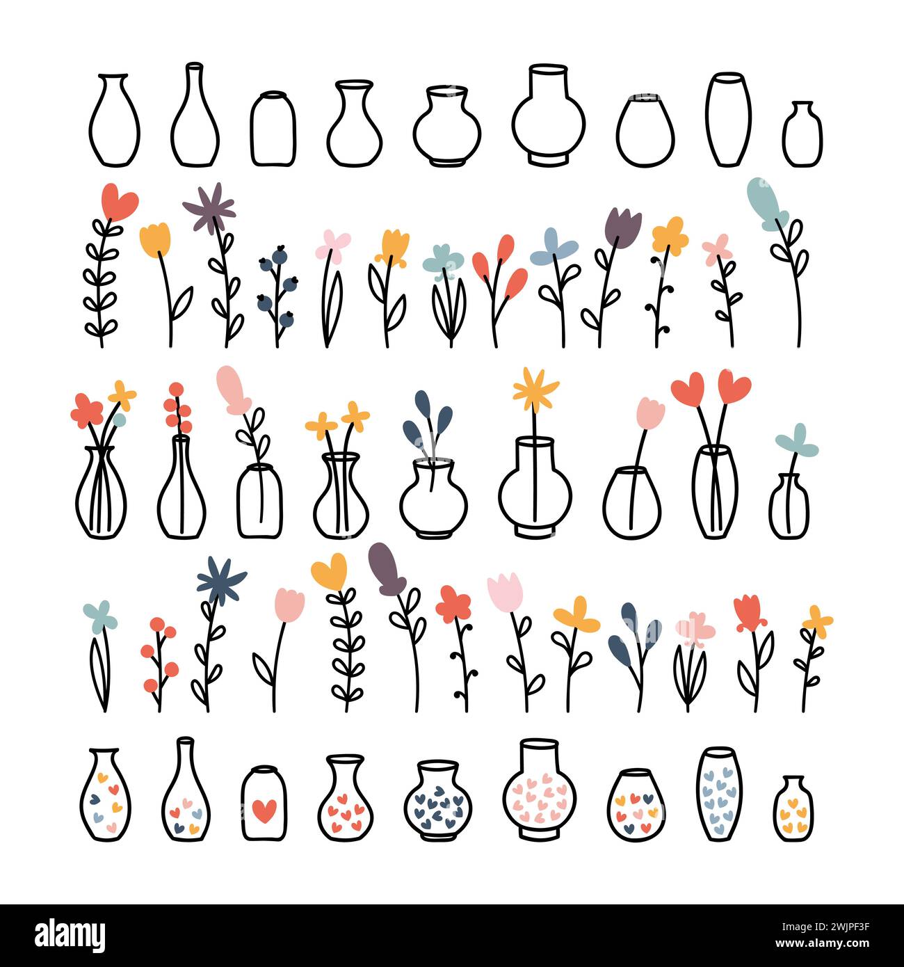 Set of hand drawn vases, floral bouquets with pots and flowers ...