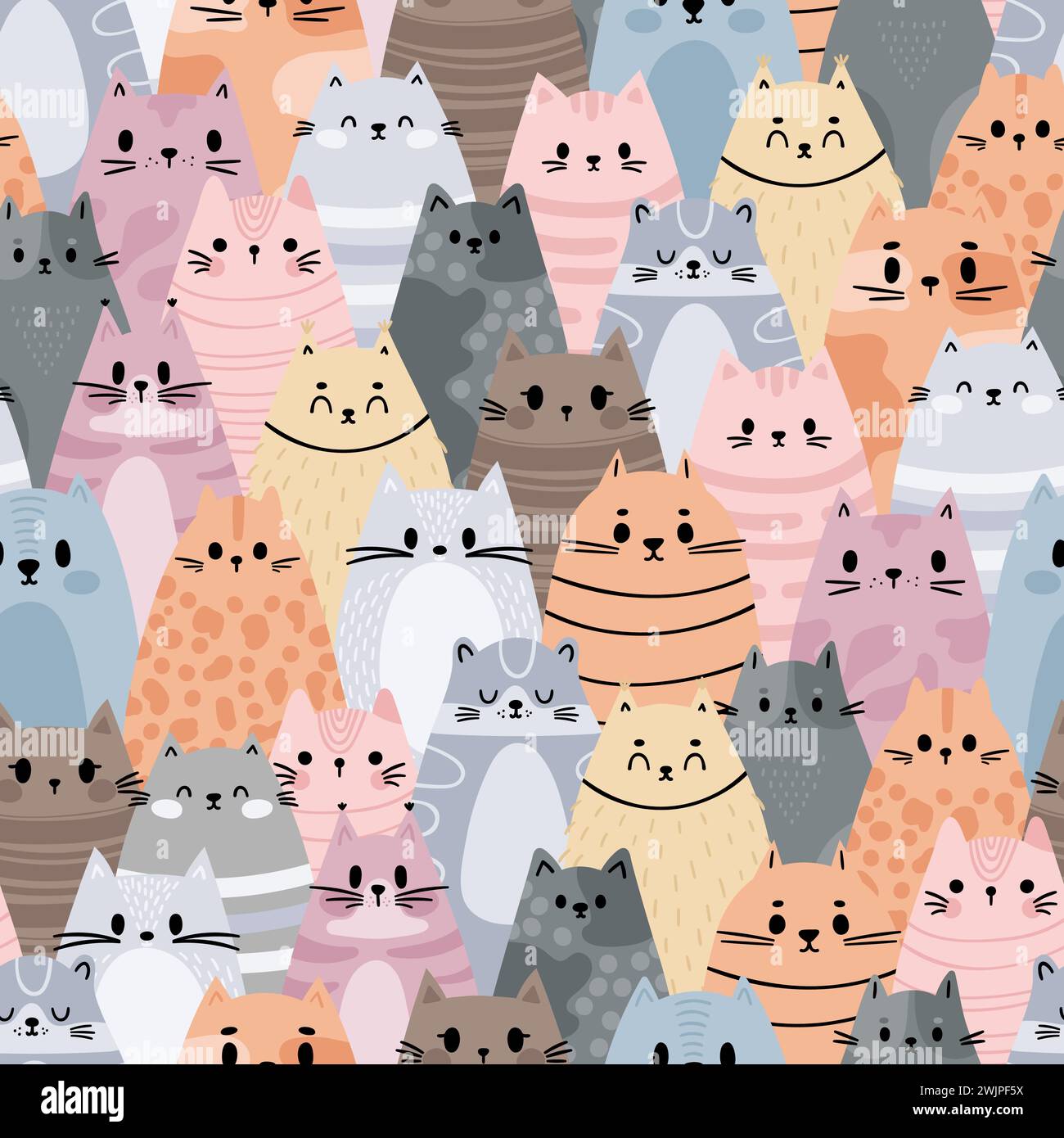 Cute seamless pattern with funny cats and kittens. Doodle characters ...