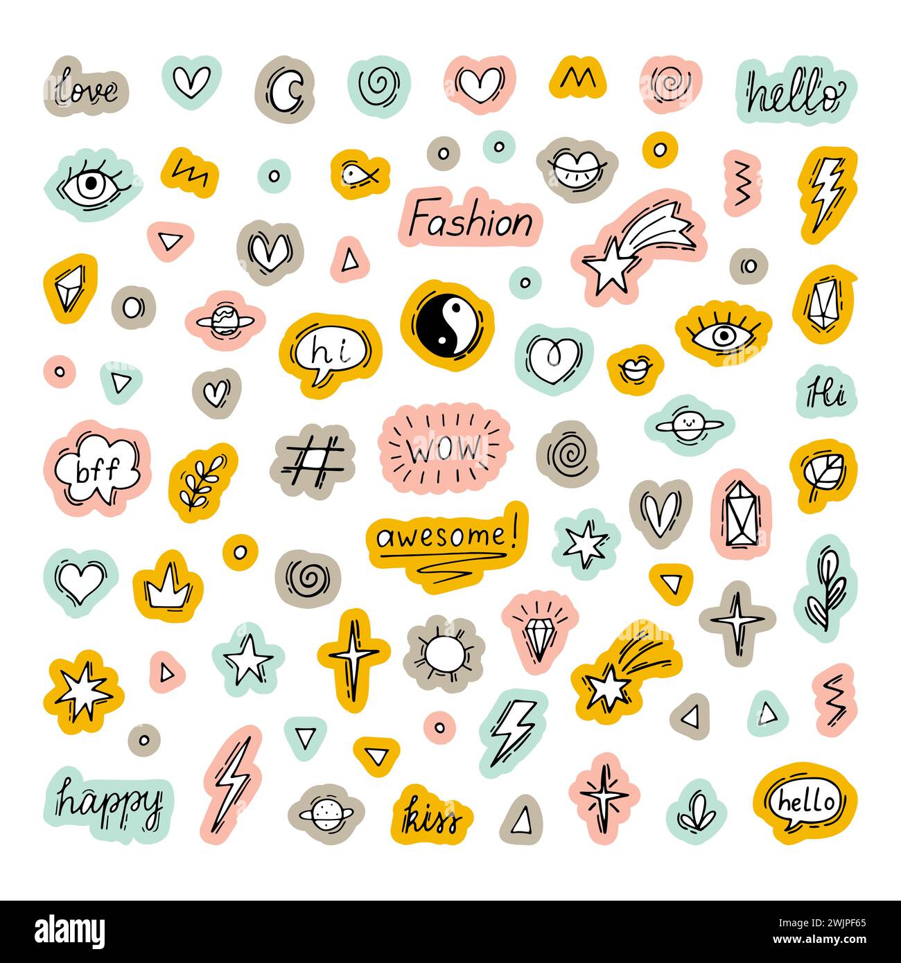 Stickers collection. Doodle line set with different design elements ...
