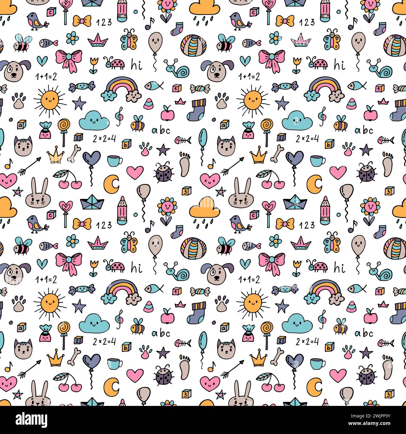 Hand drawn children drawings colored seamless pattern. Background for ...