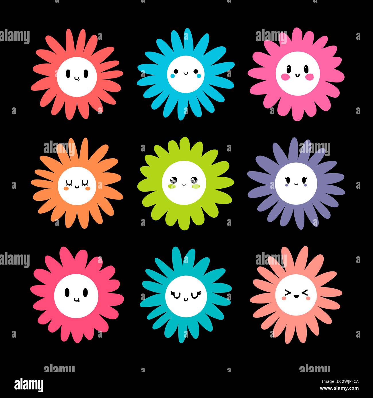 Chamomile emoji. Daisy flowers. Kawaii set of cute characters. Emotion ...