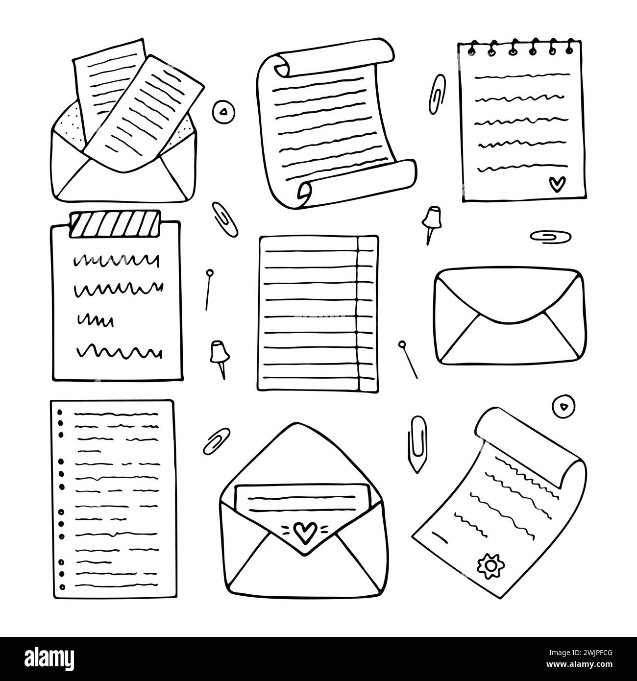 Hand drawn envelopes, sheets of paper, documents and a diploma. Blank ...