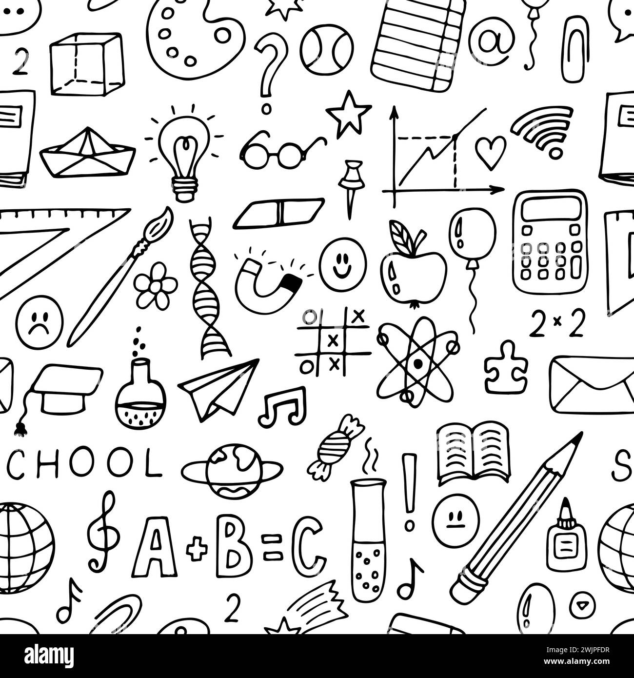 Hand Drawn Seamless Pattern With School Objects And Symbols Back To