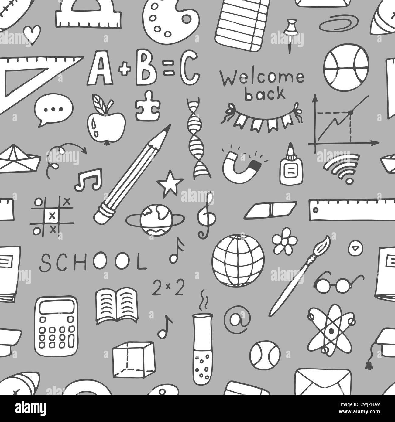 Hand drawn seamless pattern with school elements. Welcome back background. Back to school ...