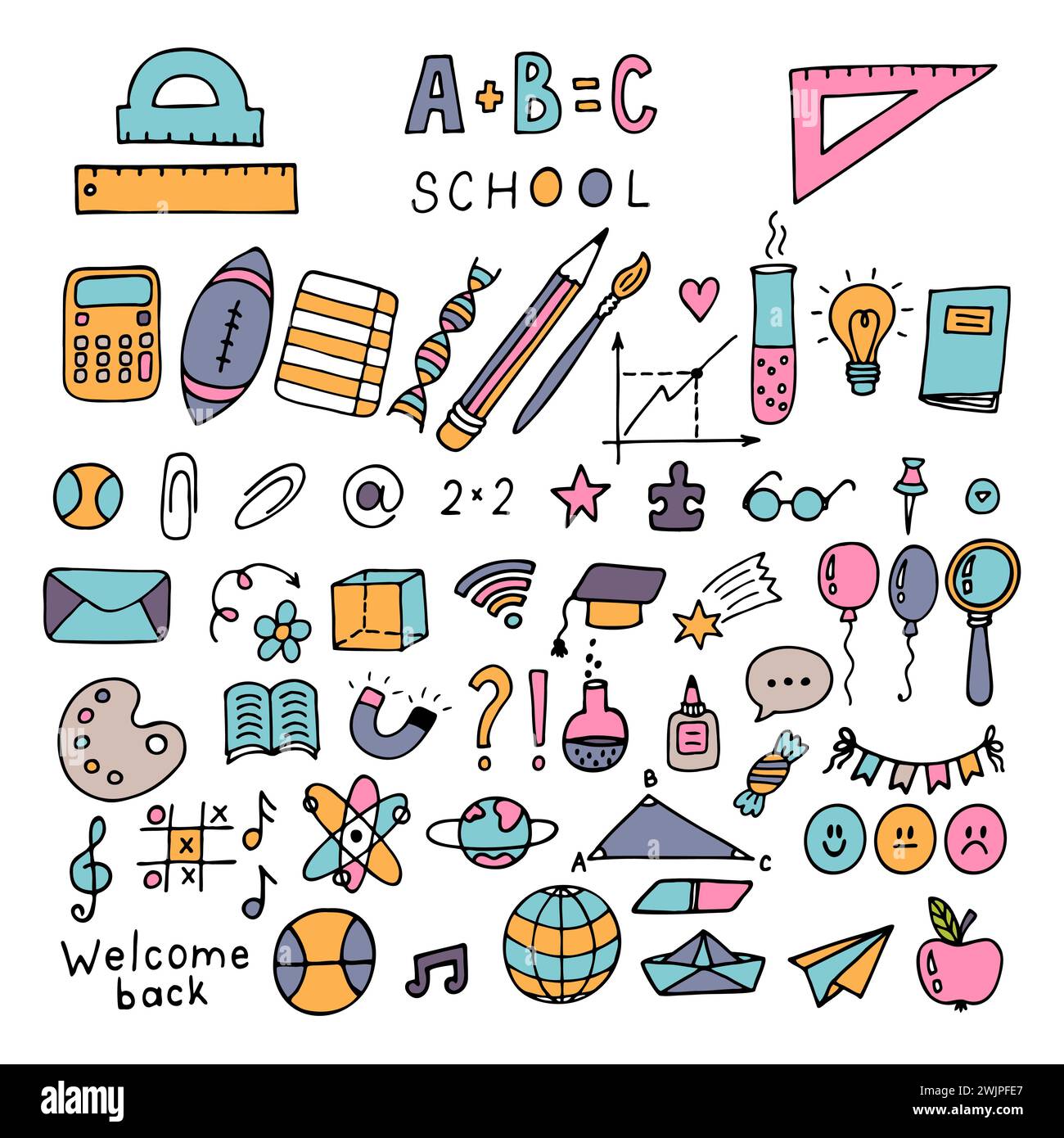 Back to school. Hand drawn doodle colored set of school objects and ...