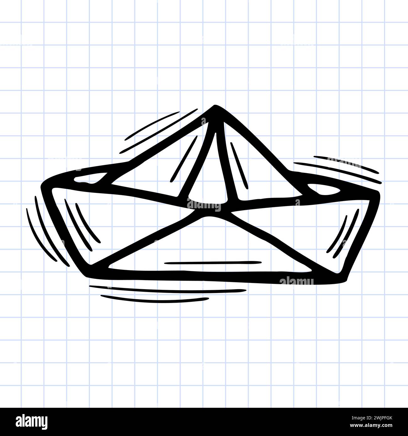 Hand drawn paper boat icon on checkered background. Sketch, doodle ...