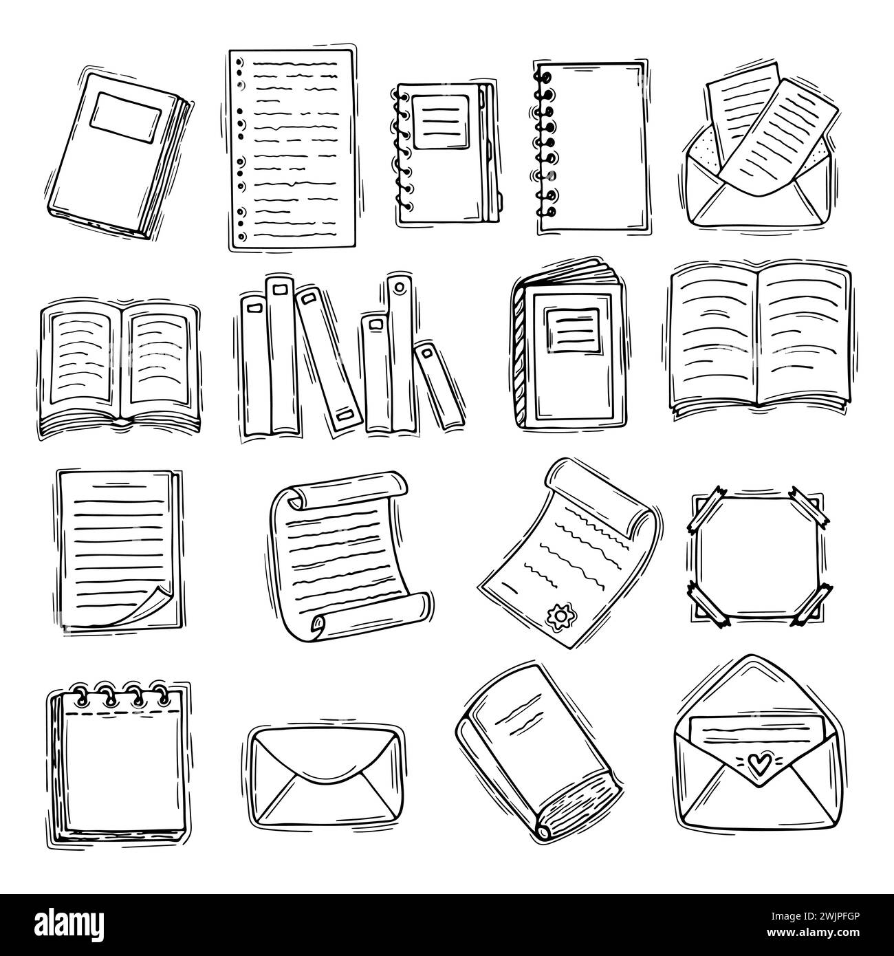 Hand drawn books, documents, notebook and sheets of paper. Sketch ...