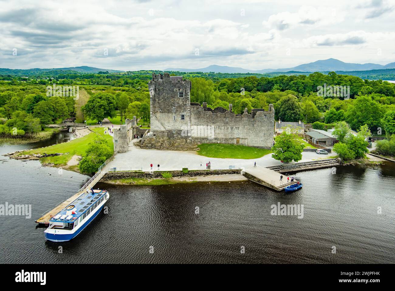 Aerial view of Ross Castle, 15th-century tower house and keep on the ...