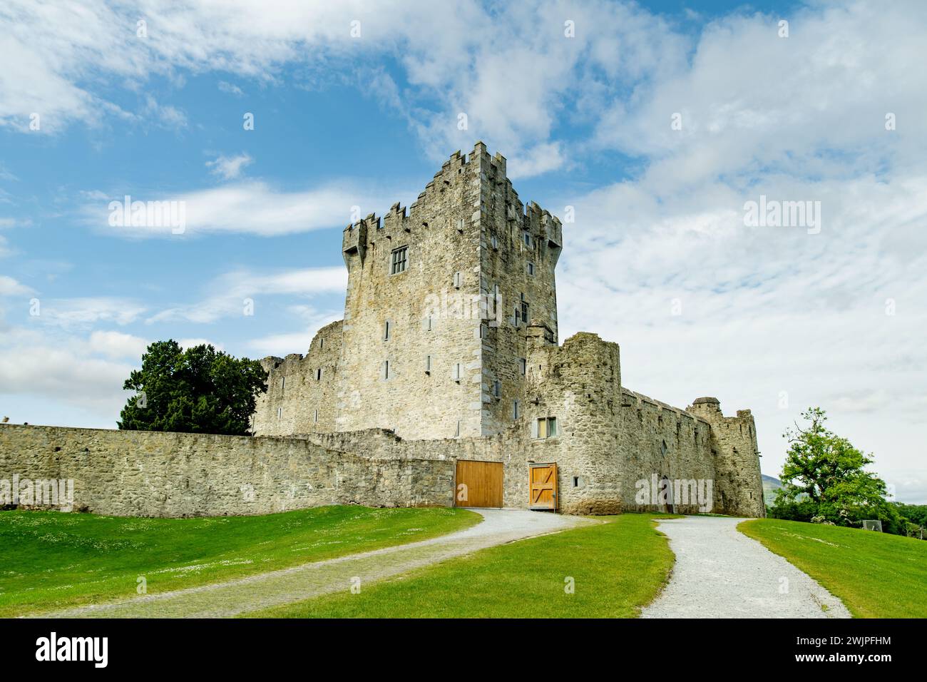 Aerial view of Ross Castle, 15th-century tower house and keep on the ...