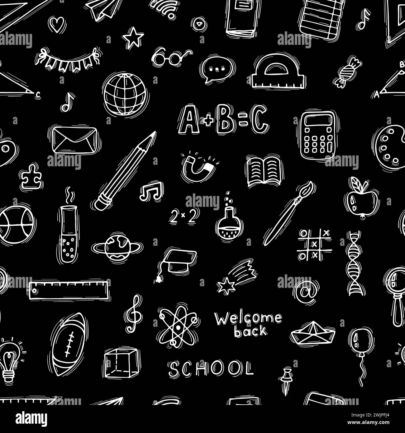 Seamless pattern with hand drawn educational school elements. Welcome ...