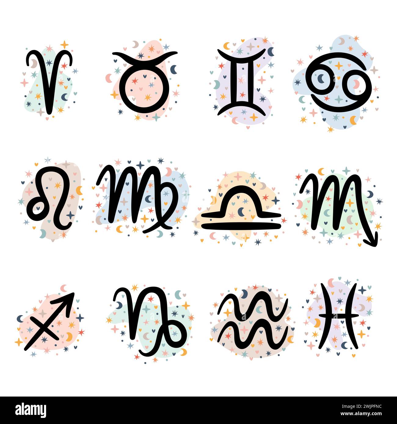 Hand drawn zodiac signs set. Astrological mystical symbols, icons ...