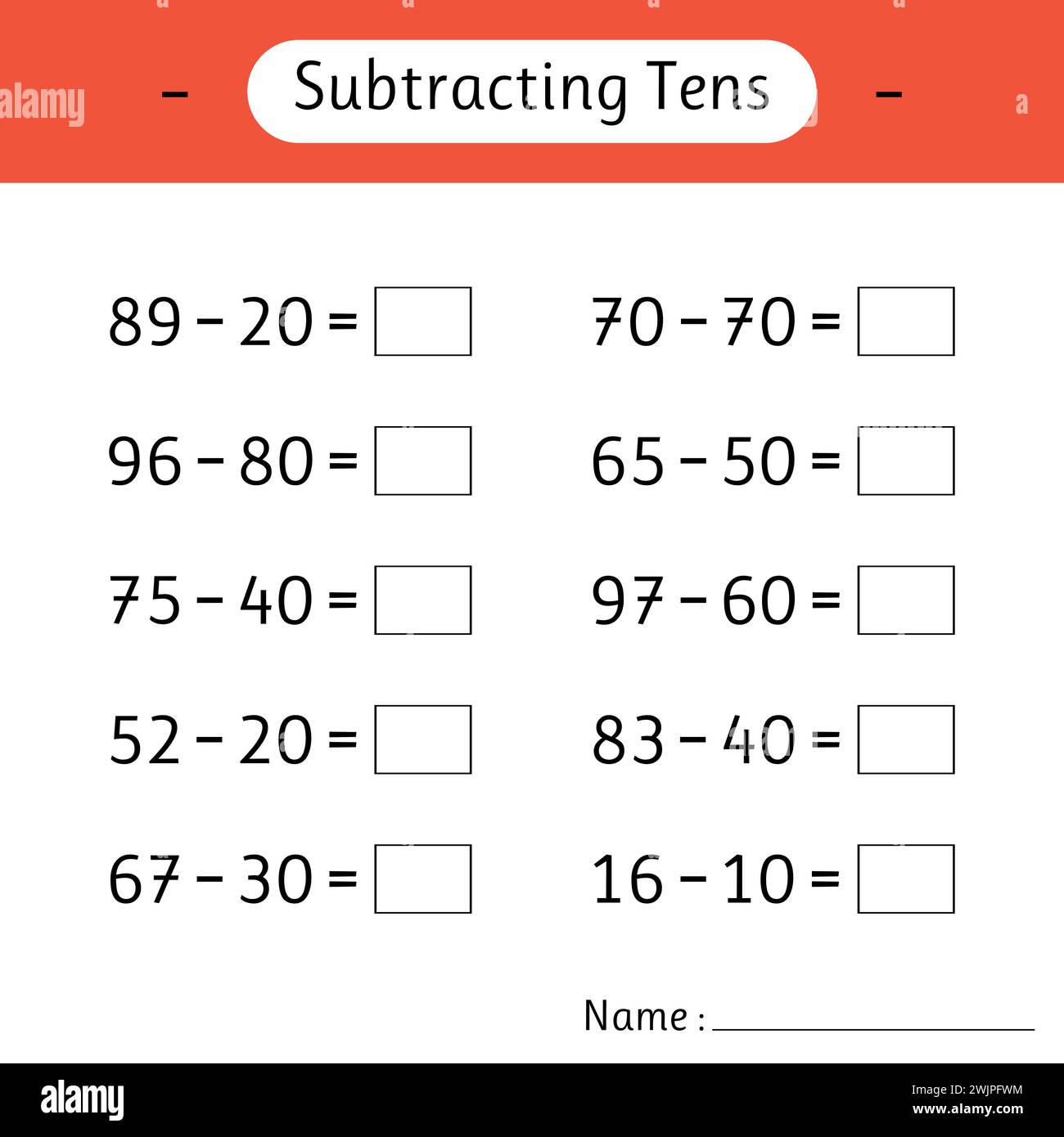 Subtracting Tens. Mathematics. Math worksheets for kids. Development of ...