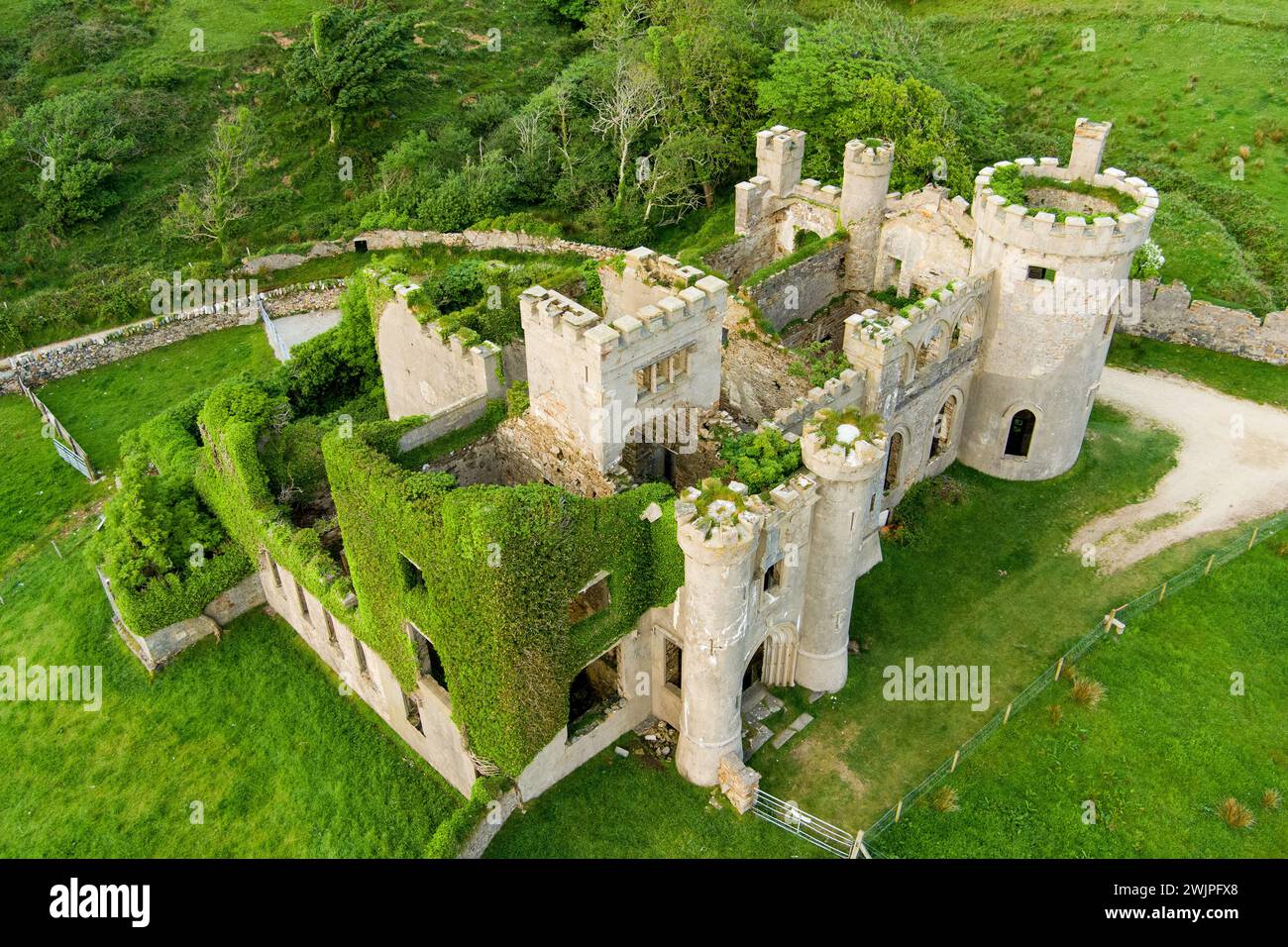 Aerial view of Clifden Castle, ruined manor house, standing on famous ...