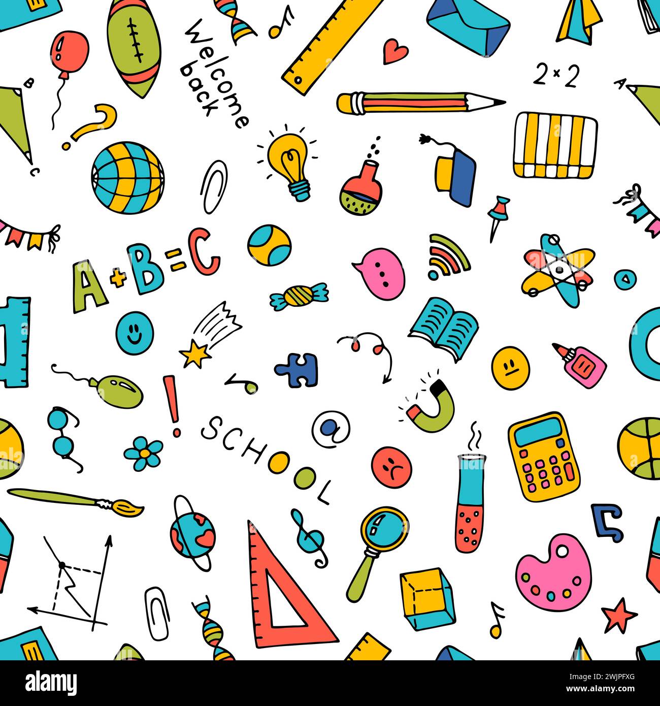 Seamless pattern with hand drawn school elements. Back to school background. Welcome back ...