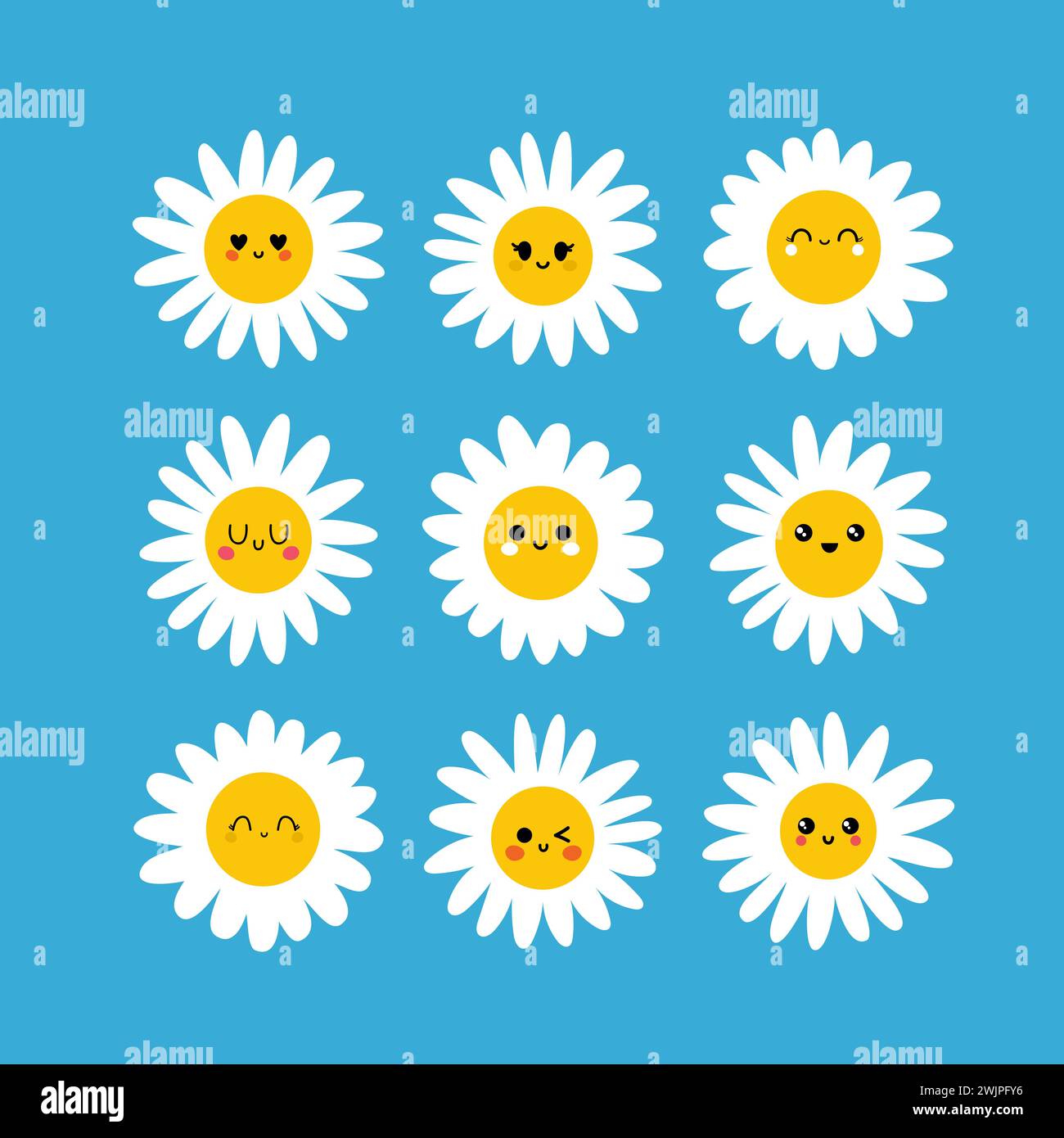 Chamomile emojis. Daisy flower. Kawaii set of cute characters. Emotion ...