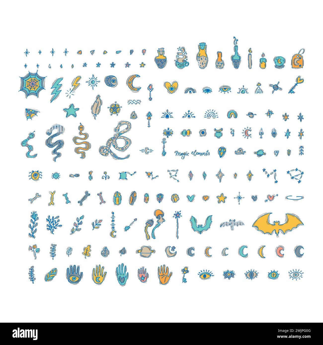 Witchcraft doodle set. Sketch magician symbols. Hand drawn collection halloween and magic ...