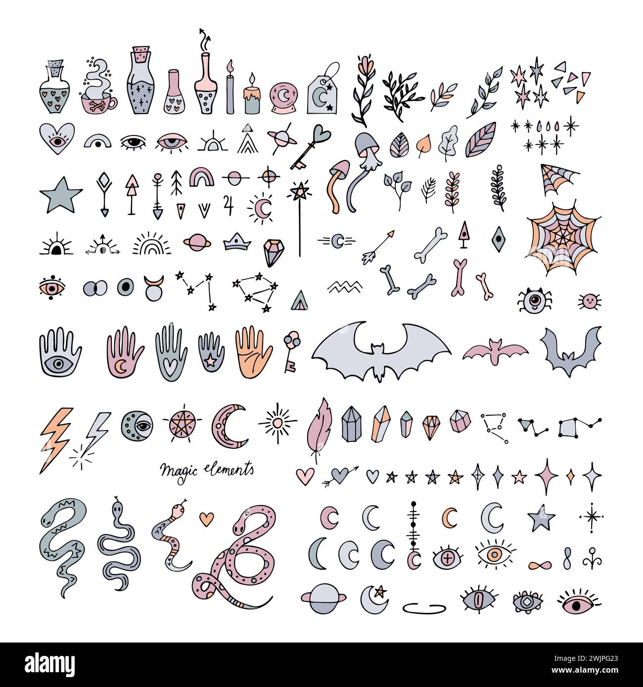 Witchcraft doodle set. Hand drawn collection halloween and magic elements. Sketch magician ...