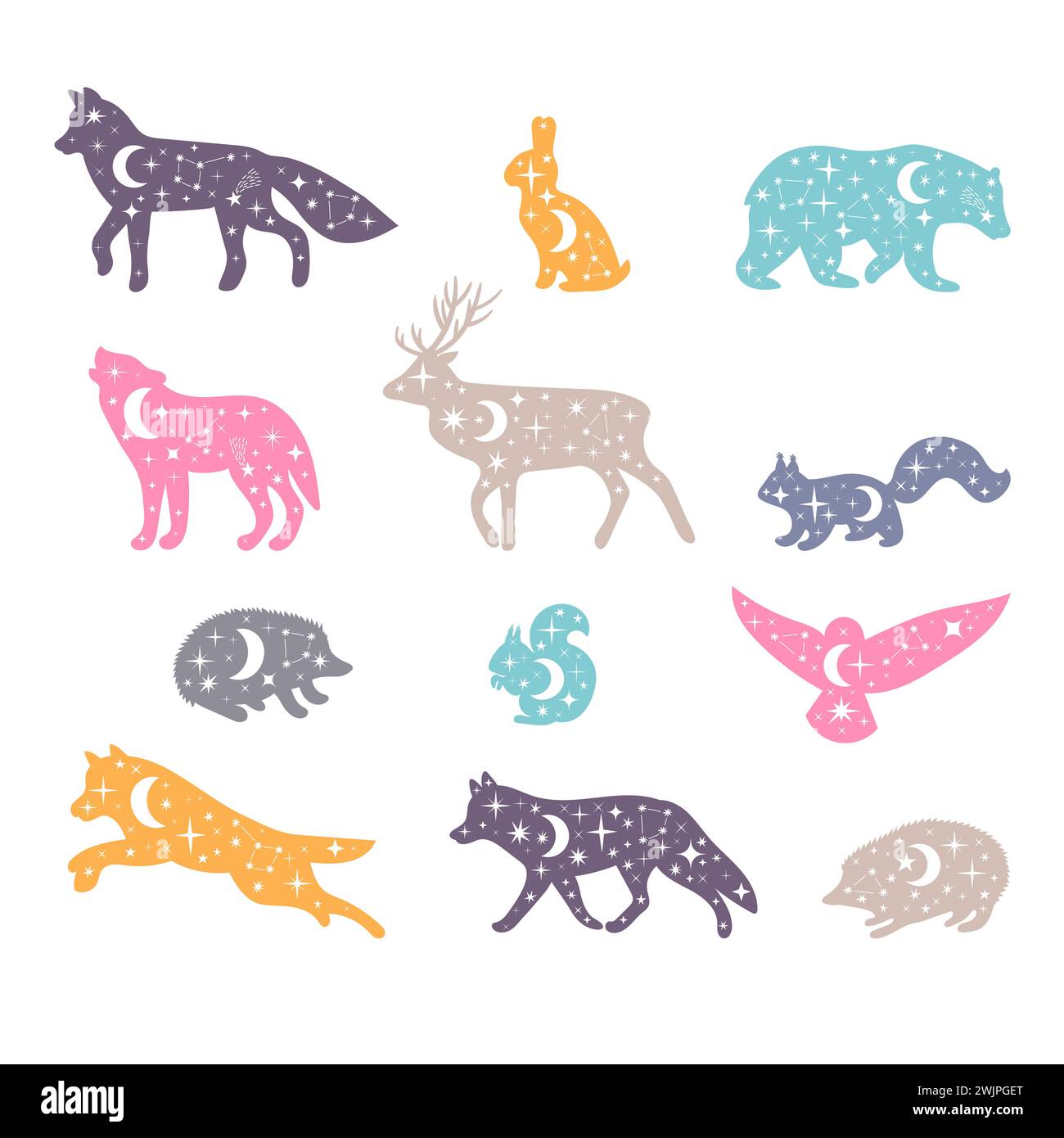 Celestial forest animals. Hand drawn silhouettes. Wild woodland animals ...