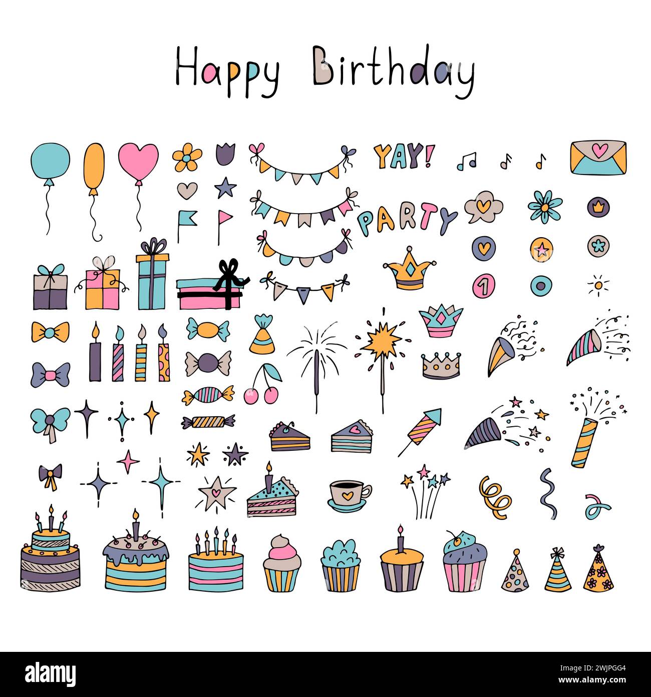 Set of hand drawn birthday party design elements. Balloons, cupcakes ...