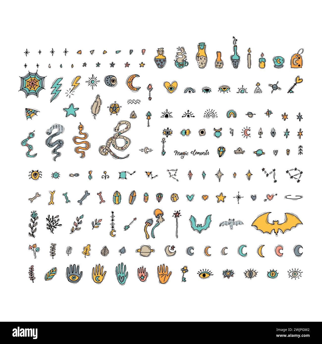 Big set of hand drawn magic elements. Esoteric concept. Magical witch ...