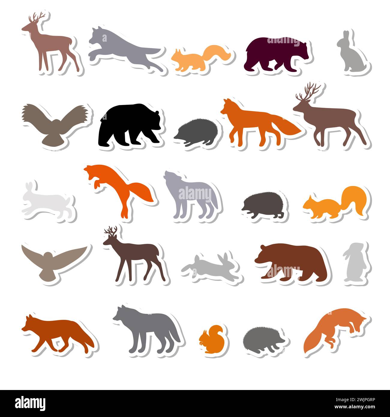 Forest animals. Silhouettes, stickers. Outline of wild forest animals ...
