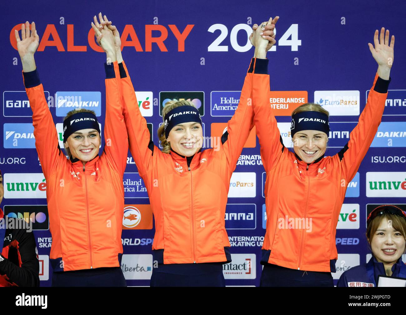 Calgary, Canada. 16th Feb, 2024. Joy Beune, Irene Schouten, and Marijke ...