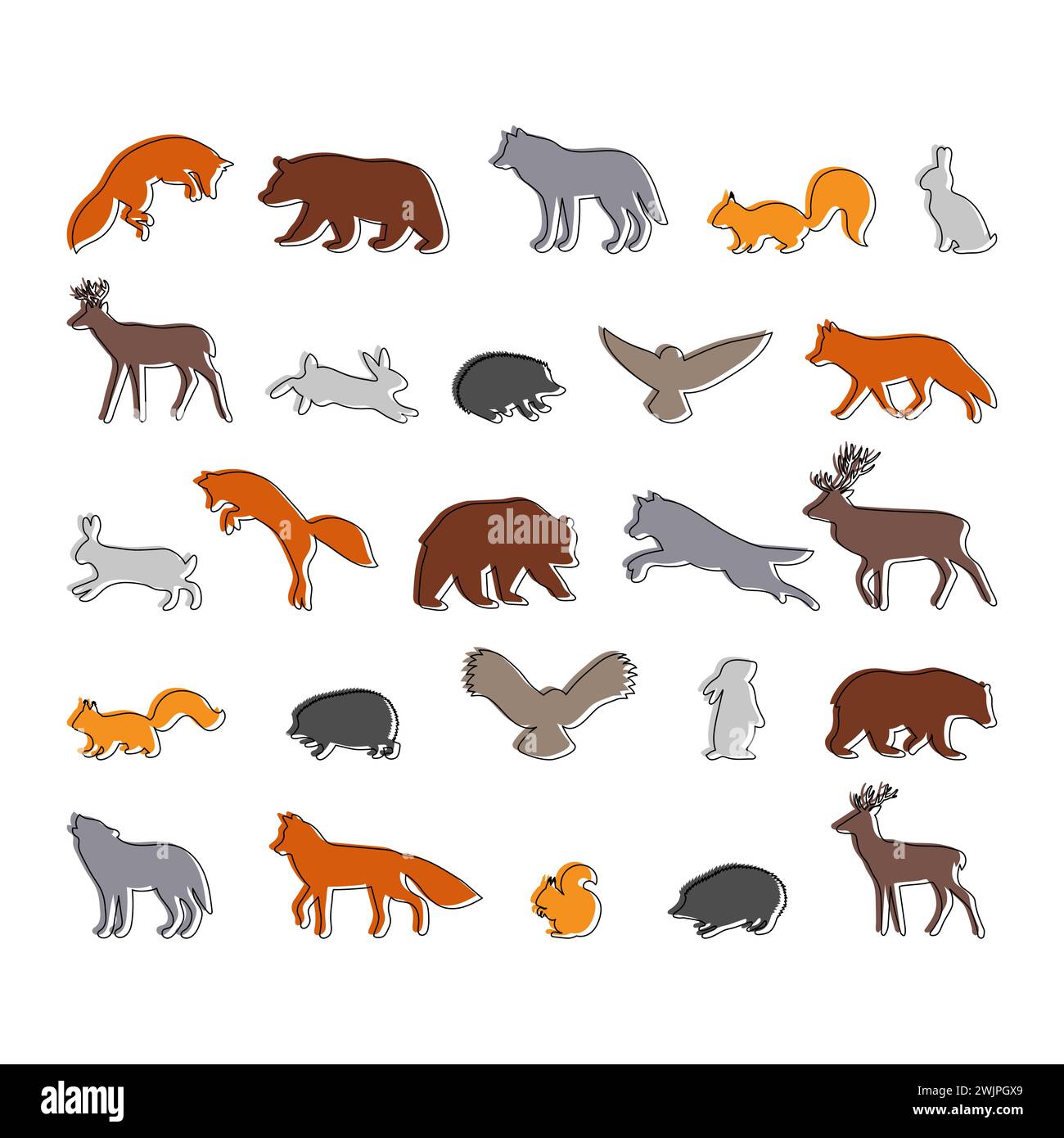 Forest animals. Hand drawn silhouettes. Outline wild woodland animals ...