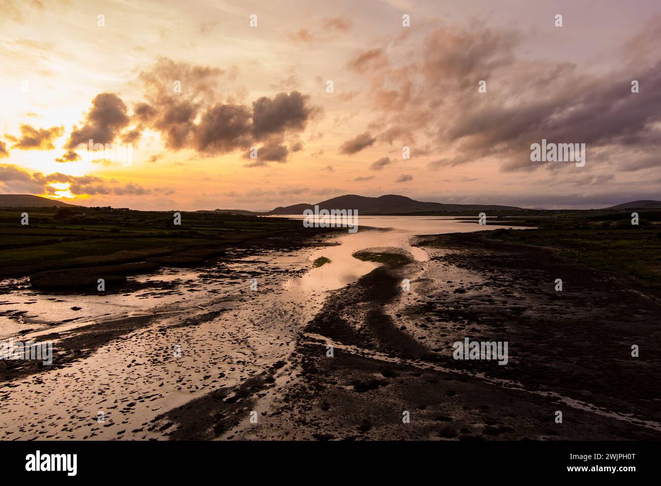 Aerial sunset view of Derreen river along the Ring of Kerry route ...