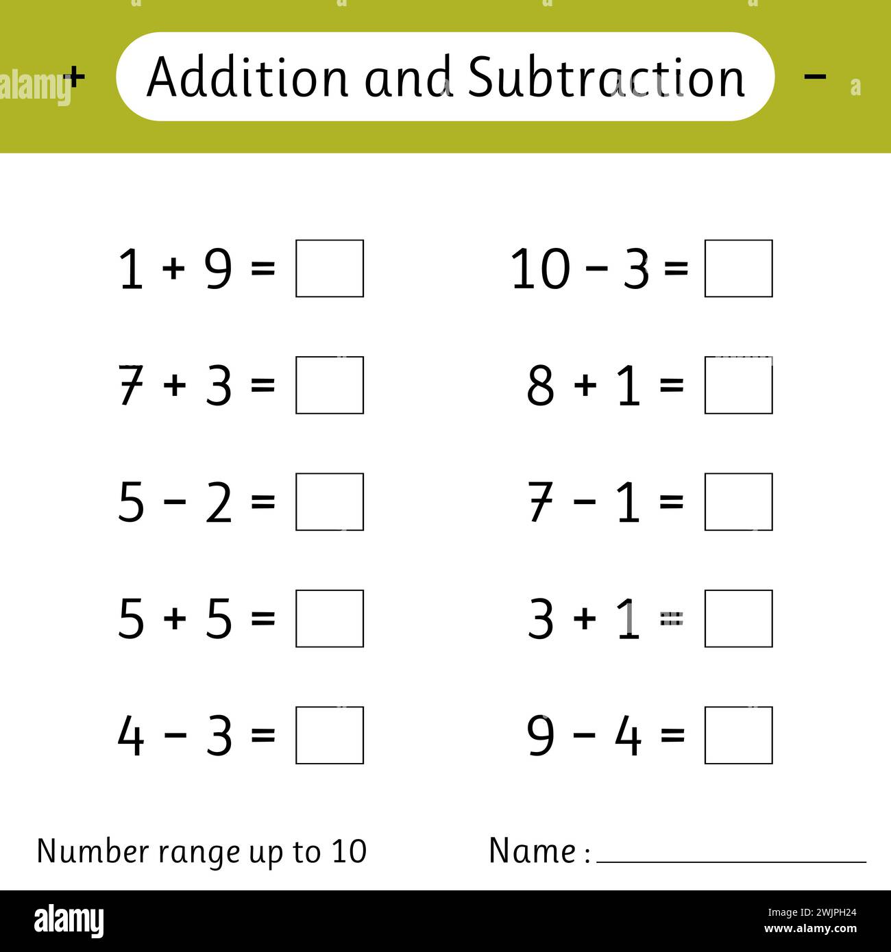 Addition and Subtraction. Number range up to 10. Solve examples and ...