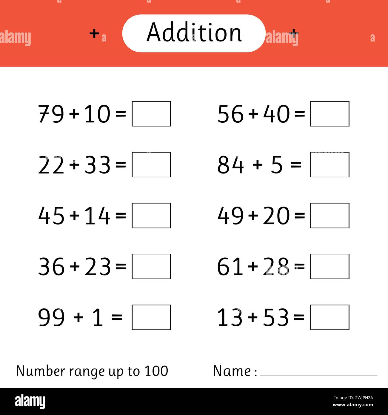Addition. Number range up to 100. Math worksheet for kids. Developing ...