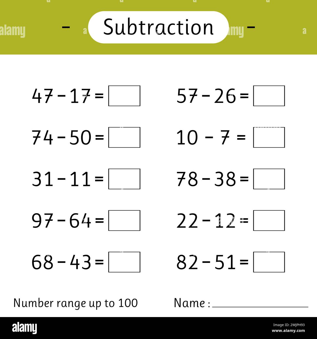 Subtraction. Number range up to 100. Math worksheet for kids. Solve ...