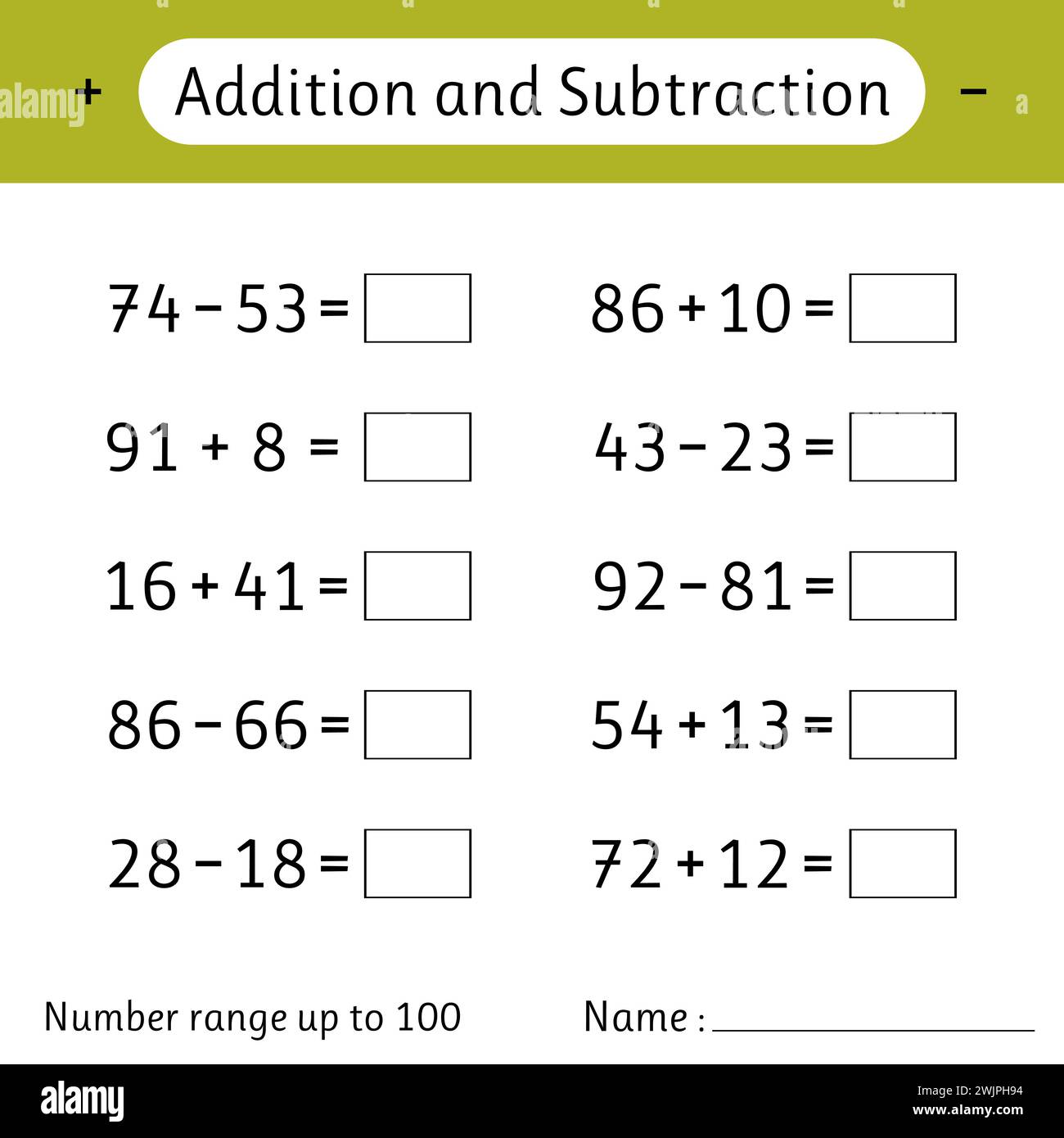 Addition and Subtraction. Number range up to 100. Math worksheet for ...